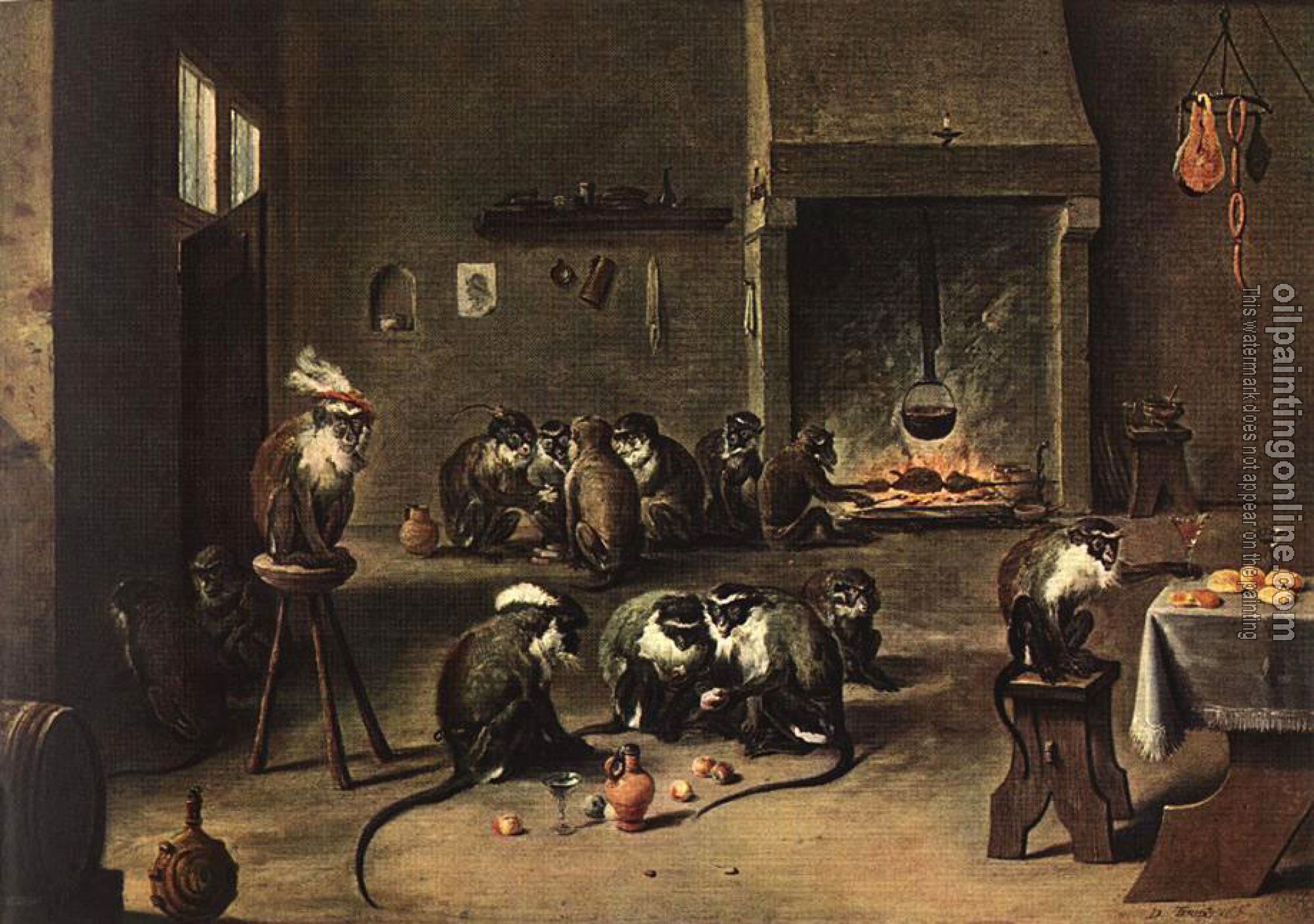 David Teniers the Younger - Apes in the Kitchen - Canvas Painting For Sale
