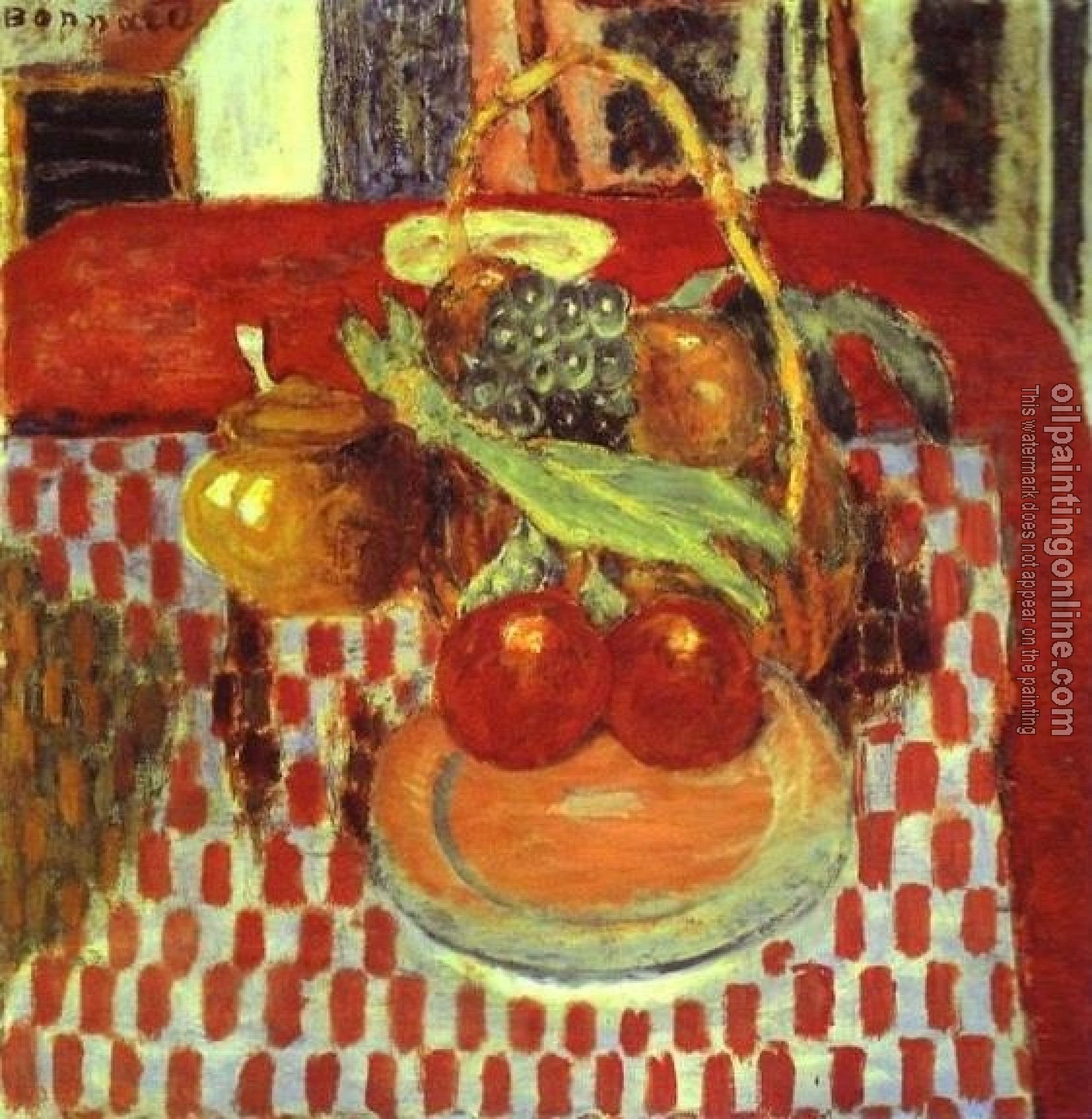 Pierre Bonnard - Basket and Plate of Fruit on a Red-Checkered ...